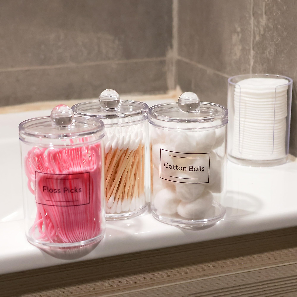 Aynoo 1 Pack Qtip Holder Dispenser Apothecary Jars for Cotton Swabs, Cotton Pads, Floss Picks Vanity Makeup Storage Organizer Set, Clear, 1 Pack, 12 oz