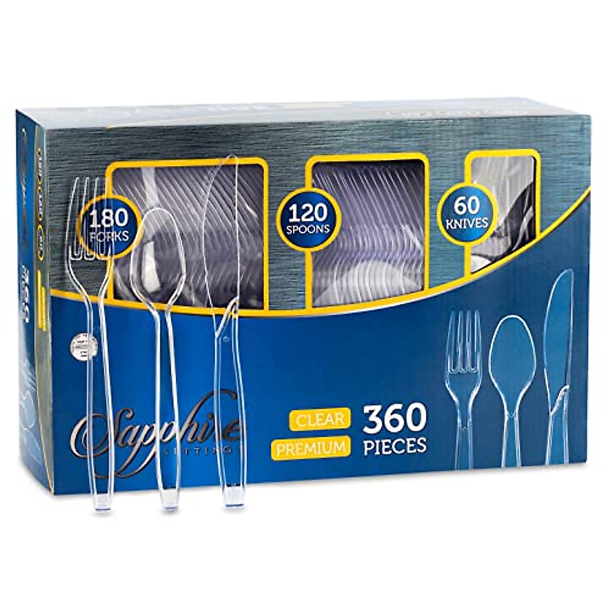 Party Bargains Disposable Cutlery set, SAPPHIRE Design, Clear Color, 360 Pieces: 180 Forks, 120 Spoons, 60 Knives