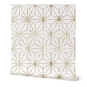 Peel & Stick Wallpaper 3ft x 2ft - Star Geo White Gold Geometric Triangles Holiday Abstract Minimalistic Custom Removable Wallpaper by Spoonflower
