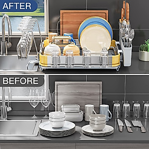 Dish Drying Rack, Aluminium Dish Racks for Kitchen Counter with Cup Rack, Large Dish Drainers with Drainboard, Anti-Rust Kitchen Dish Rack Dryer Shelf for Plate with Utensil, Cutting Board Holder