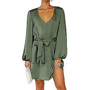 PRETTYGARDEN Women's Spring Long Puff Sleeve Satin Dress V Neck Cocktail Party Belted Short Formal Dresses (Army Green,Medium)