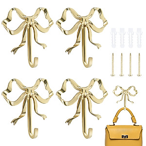 4Pcs Bow Hook Decorative Bow Hanger Sturdy Brass Towel Hook Gold Brass Bow Shaped Hooks Brass Wall Hook Wall Hanging Towel Hook Multipurpose Bow Shaped Hat Hooks for Bathroom Bedroom Hat Bag Key (S)