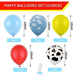Toy Inspired Story Balloons, 12 Inch Red Blue Yellow Balloons With Cow Print Sky Blue Cloud Balloons For Kids Boys Girls Inspired Story Party Themed Party Decor Decorations