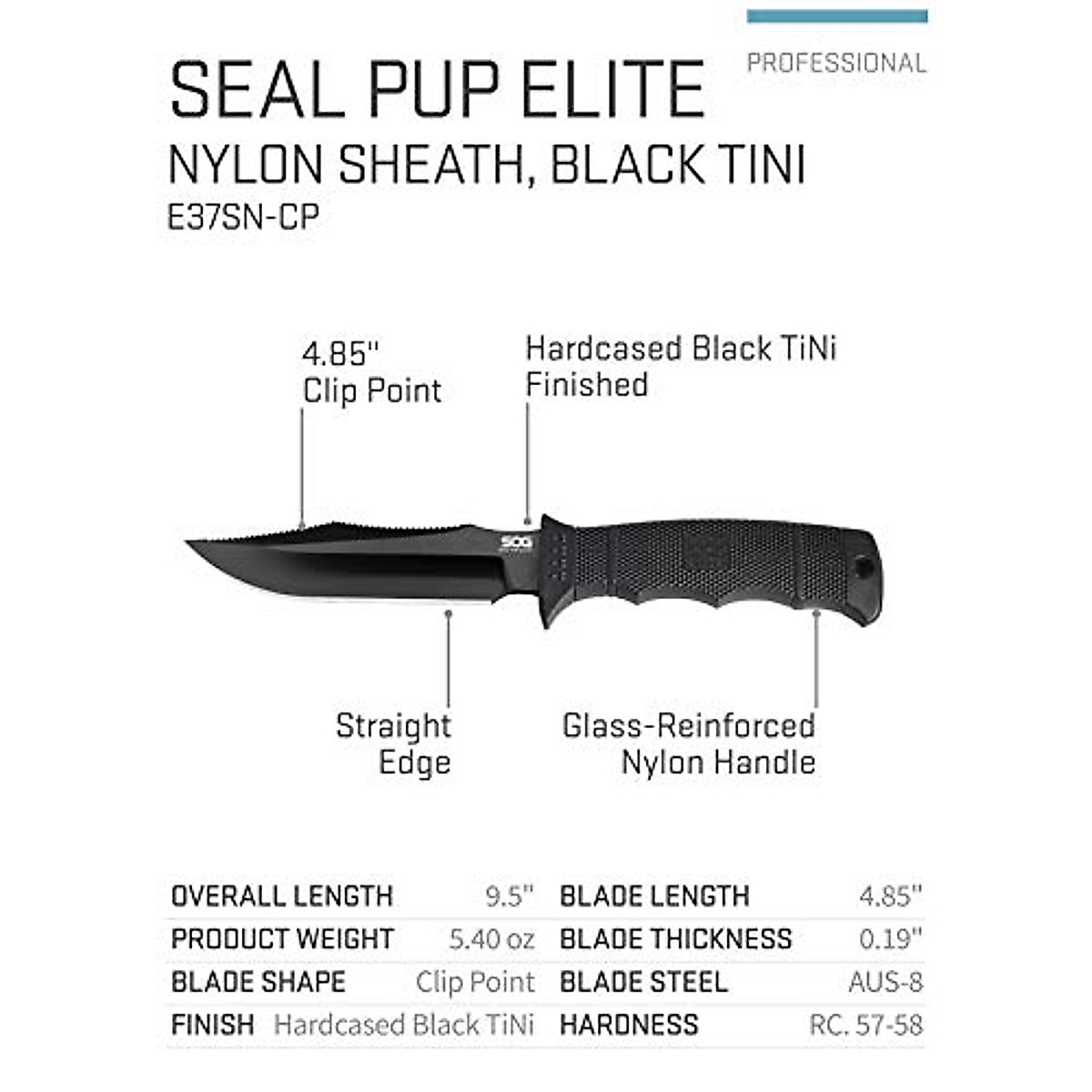 SOG Fixed Blade Knives with Sheath - SEAL Pup Elite Survival Knife, Hunting Knife w/ 4.85 Inch AUS-8 Bowie Knife Blade for a Tactical Knife (E37SN-CP)