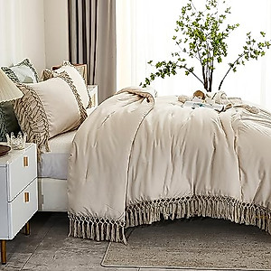 Andency King Size Comforter Set Beige, 3 Pieces Boho Tassel Lightweight Soft Bedding Comforter Sets for King Bed, All Season Fluffy Bed Set (104x90In Comforter & 2 Pillowcases)