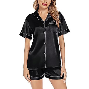 SWOMOG Woman Silk Pajamas Sets Button-Down Satin Loungewear Sleepwear 2 Pieces PJs Sets Cute Bridemide Mightwear Black