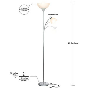 Brightech Sky Dome Plus LED Floor lamp, Torchiere Super Bright Floor Lamp with Reading Lamp for Living Rooms & Offices - Dimmable Tall Standing Lamp for Bedroom Reading - Silver