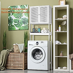 ADUZA Bamboo Over The Toilet Bathroom Storage Cabinet with 2 Doors, Freestanding Toilet Rack with Adjustable Shelves Space-Saving 67 Inches Height White