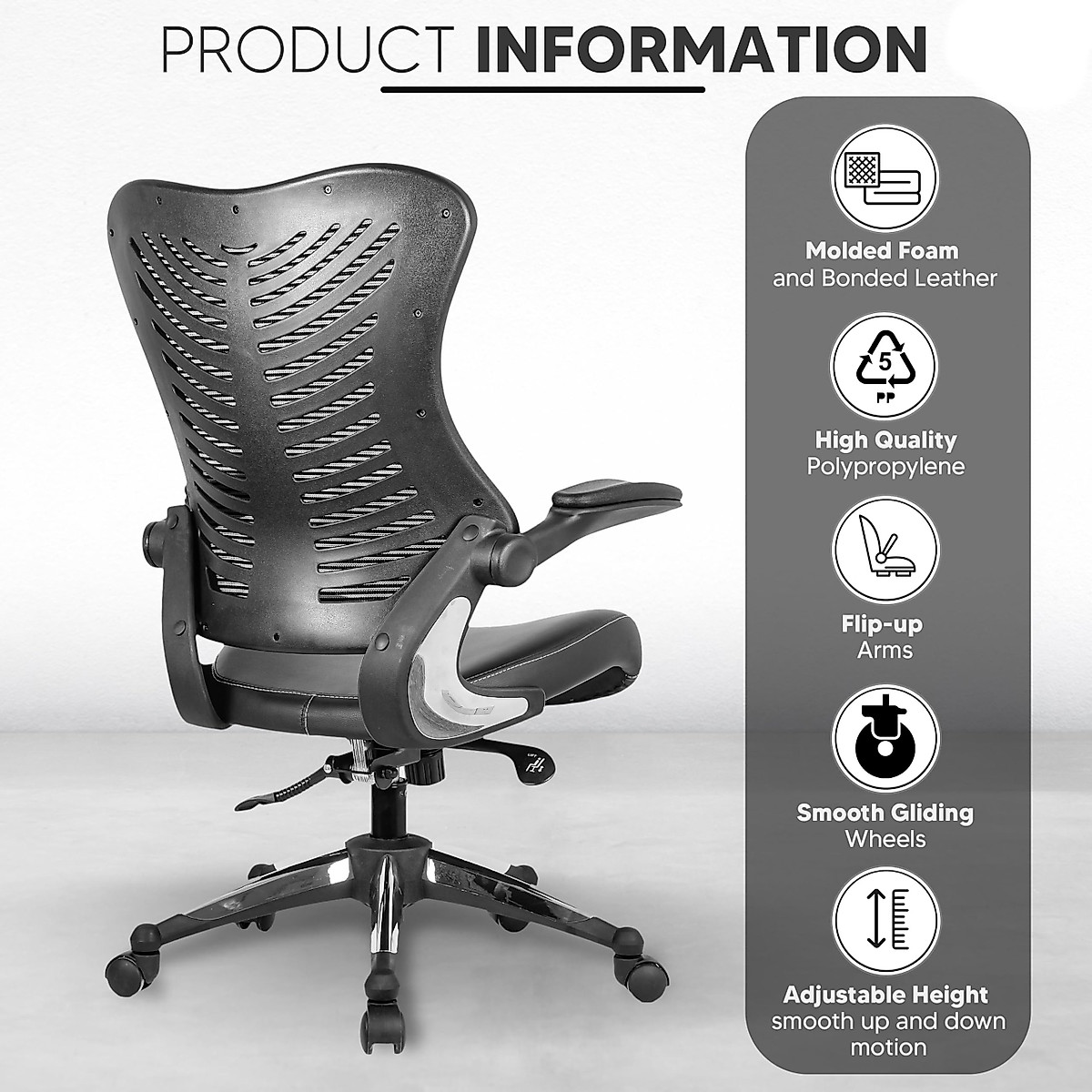 OFFICE FACTOR Executive Ergonomic Office Chair Back Mesh Bonded Leather Seat Flip-up Arms Molded Seat with a 55kg Foam Density Double Handle Mechanism You Can Lock The Back in Any Position (Black)