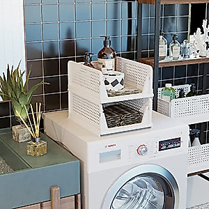 C&AHOME 4-Pack Stackable Wardrobe Storage Box, Plastic Drawer Organizer, Foldable Clothes Shelf Baskets, Folding Cube Bins, Perfect for Kitchen, Bedroom, 13.4" L x 17.7" W x 7.1" H White USWSB04W