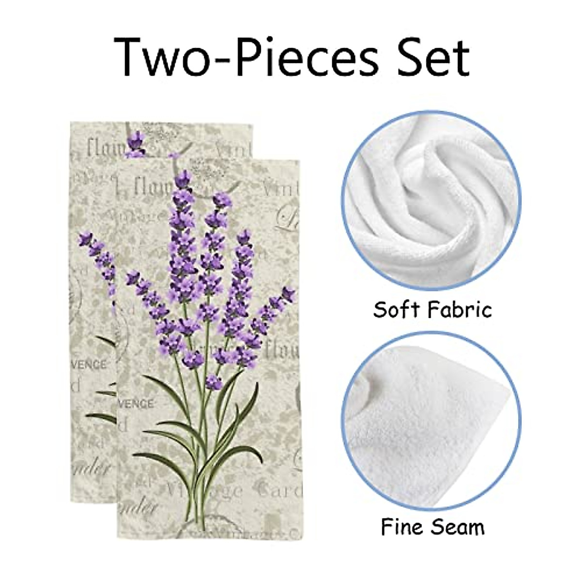 Retro Provence Lavender Stamps Fingertip Bath Towels, Super Soft Highly Absorbent Face Hand Towels, 2 Pack Purple Flowers Decorative Dish Towels for Hotel Kitchen Bathroom, 30 x 15 Inch