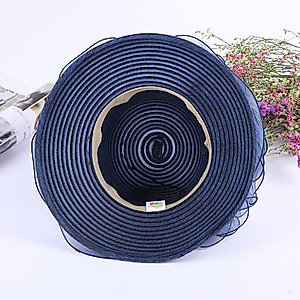 Women Organza Sun-Hats Wide-Brim Church-Hats for Tea Party Bridal Wedding Dress Hat Navy