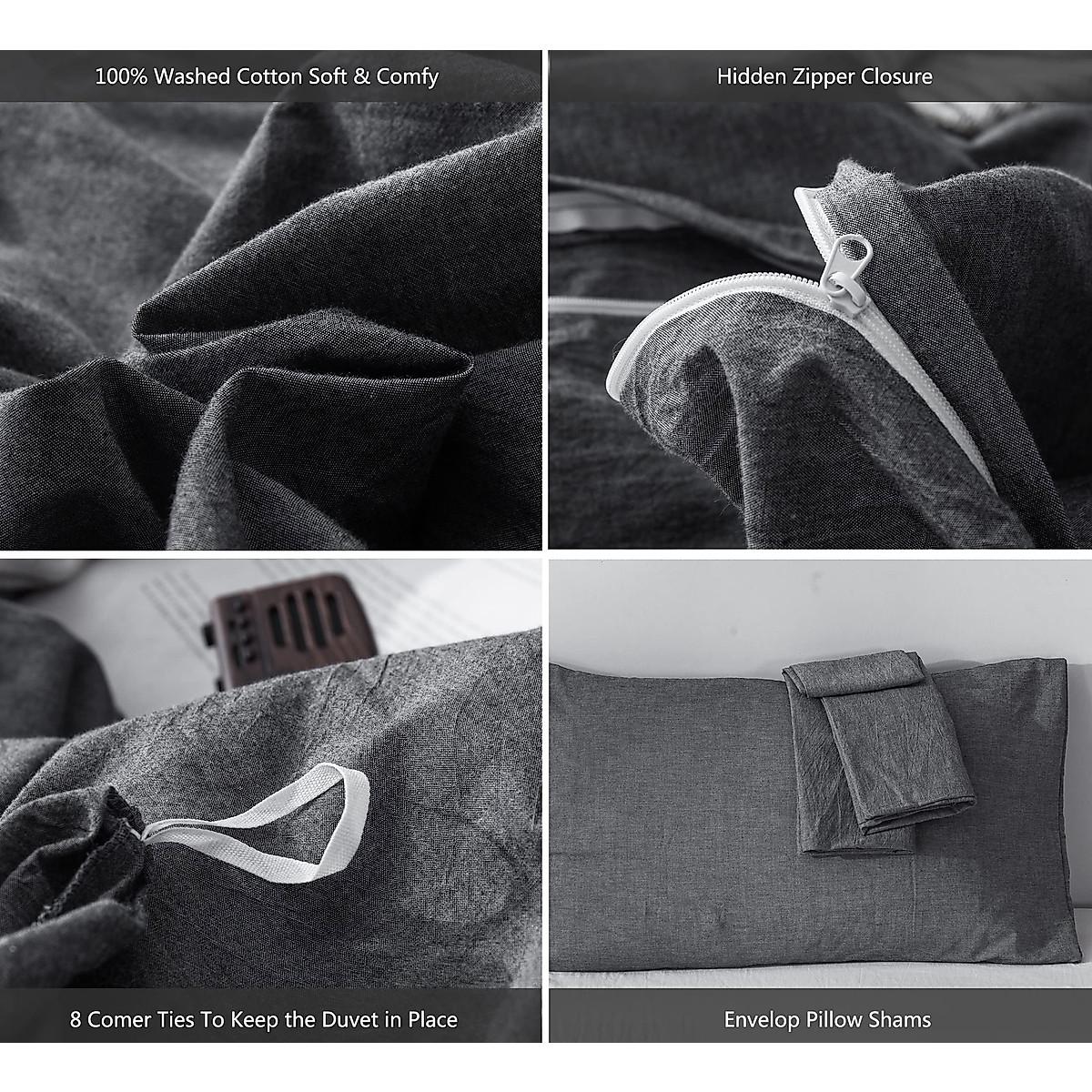 MooMee Bedding Duvet Cover Set 100% Washed Cotton Linen Like Textured Breathable Durable Soft Comfy (Dark Grey, Queen)