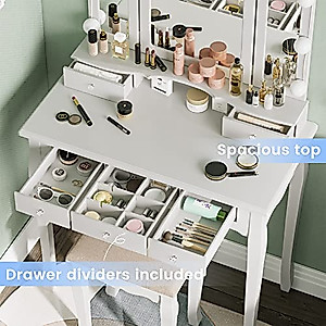 Tiptiper Makeup Vanity with Lights, Vanity Desk with Lighted Mirror and Stool, Vanity Set with 5 Drawers, 3 Light Settings & Adjustable Brightness, White
