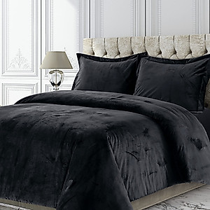 Tribeca Living VENICEDUVET Venice Velvet Oversized Solid Duvet Set, 3pieces, King, Black
