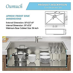 Oumuch 33 Inch Undermount Kitchen Sink Stainless Steel 33" Single Bowl Undermount Sinks 18 Gauge 33x19 In Single Basin Sink