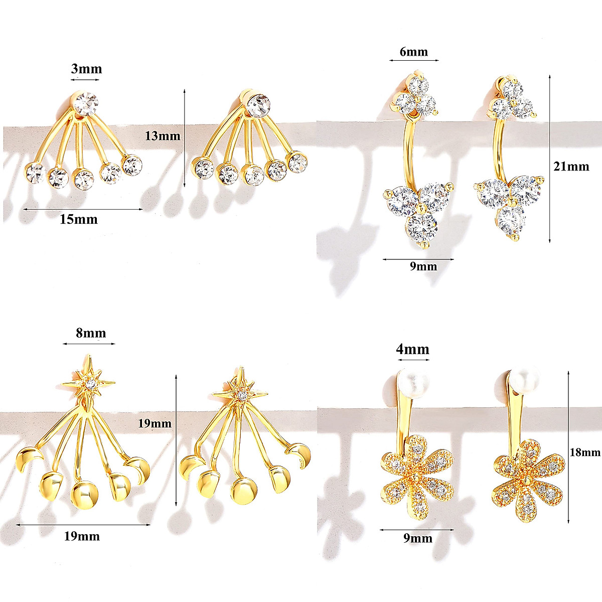 12 Pair Cubic Zirconia Moon and Star Jacket Cuff Earrings for Women, Gold Plated Front Back 2 in 1 with CZ Pearl, Flower Earring Studs