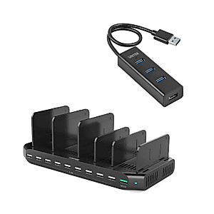 [Bundle] 4-Port USB 3.0 Hub Long Cable 48-inch with Micro USB Charging Port & QC3.0 Charging Station for Multiple Devices