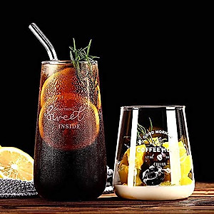 ALINK Glass Smoothie Straws, Reusable Clear Bent 9 in X 10 mm Drinking Straws, Set of 4 with Cleaning Brush