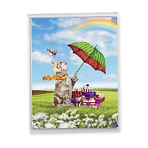 NobleWorks - 1 Large Birthday Greeting Card (8.5 x 11 Inch) - Fun Animal Bday Celebration, Stationery Notecard - Fruit Cat J6323ABDG