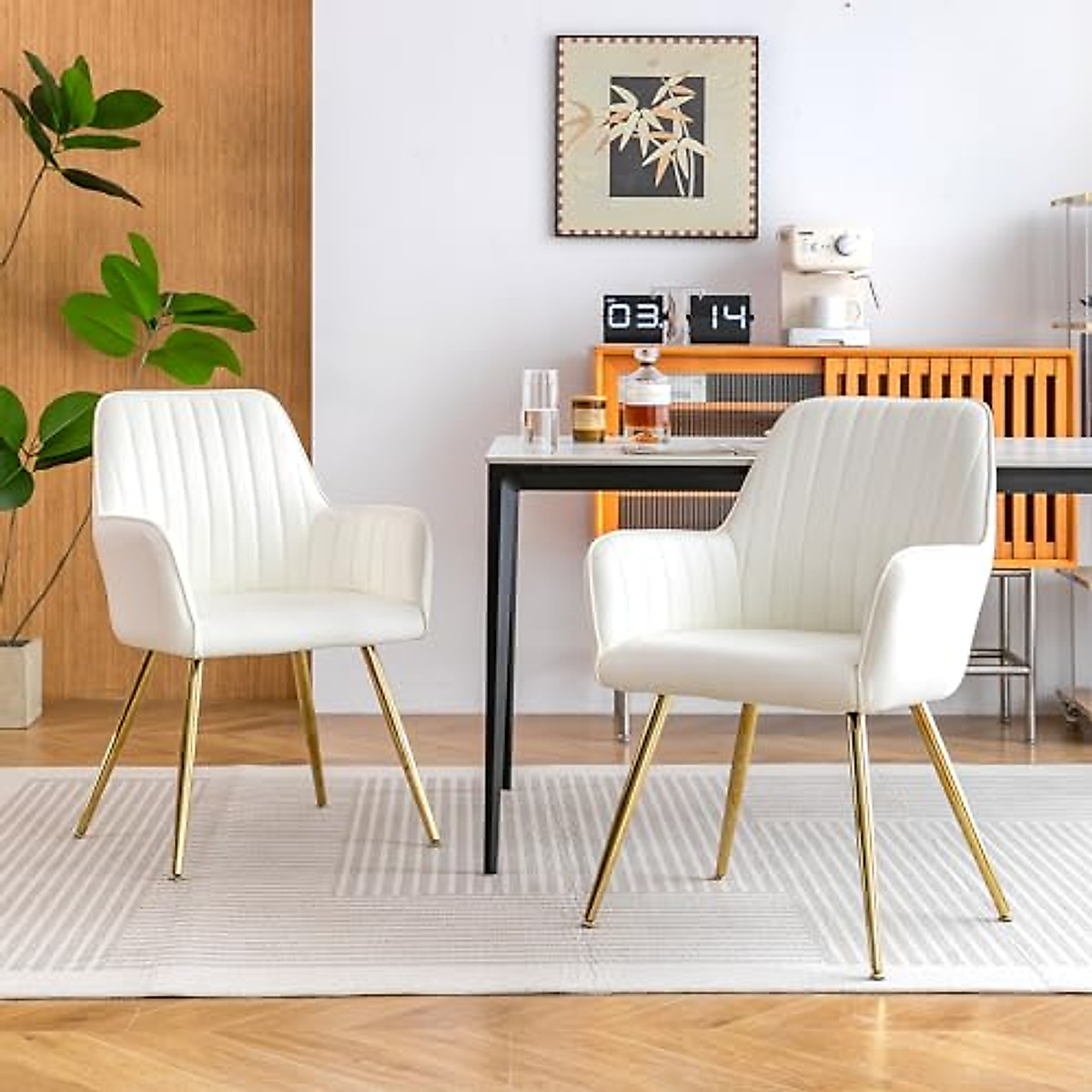 Purgreen Faux Leather Dining Chair Set of 2 - Modern Mid-Back Accent Chair with Gold Plating Legs - Upholstered Living Room Chair (Leather Beige, Set of 2)