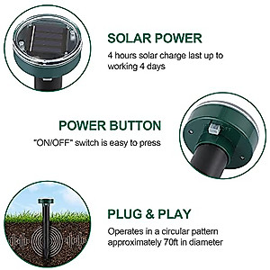 Solar Mole Repellent, Ultrasonic Mole Repellent Solar Powered, Outdoor Waterproof Ultrasonic Snake Repellent for Get Rid of Mole, Gopher, Snakes, Vole and Other Underground Pests (2 Pack)