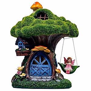 TERESA'S COLLECTIONS Fairy House Garden Statues with Solar Lights, Cute Resin Moss Outdoor Cottage Figurine with Swinging Fairy, Treehouse Lawn Ornaments Gifts for Flower Garden Patio Yard Decor, 7.7"