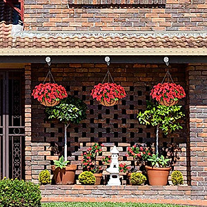 Homsunny Artificial Hanging Flowers in Basket, Silk Flower with 12 inch Flowerpot Centerpieces,Fake Hanging Plants in Coconut Lining Hanging Baskets for Outdoors Indoors Courtyard Decor (Rose red)