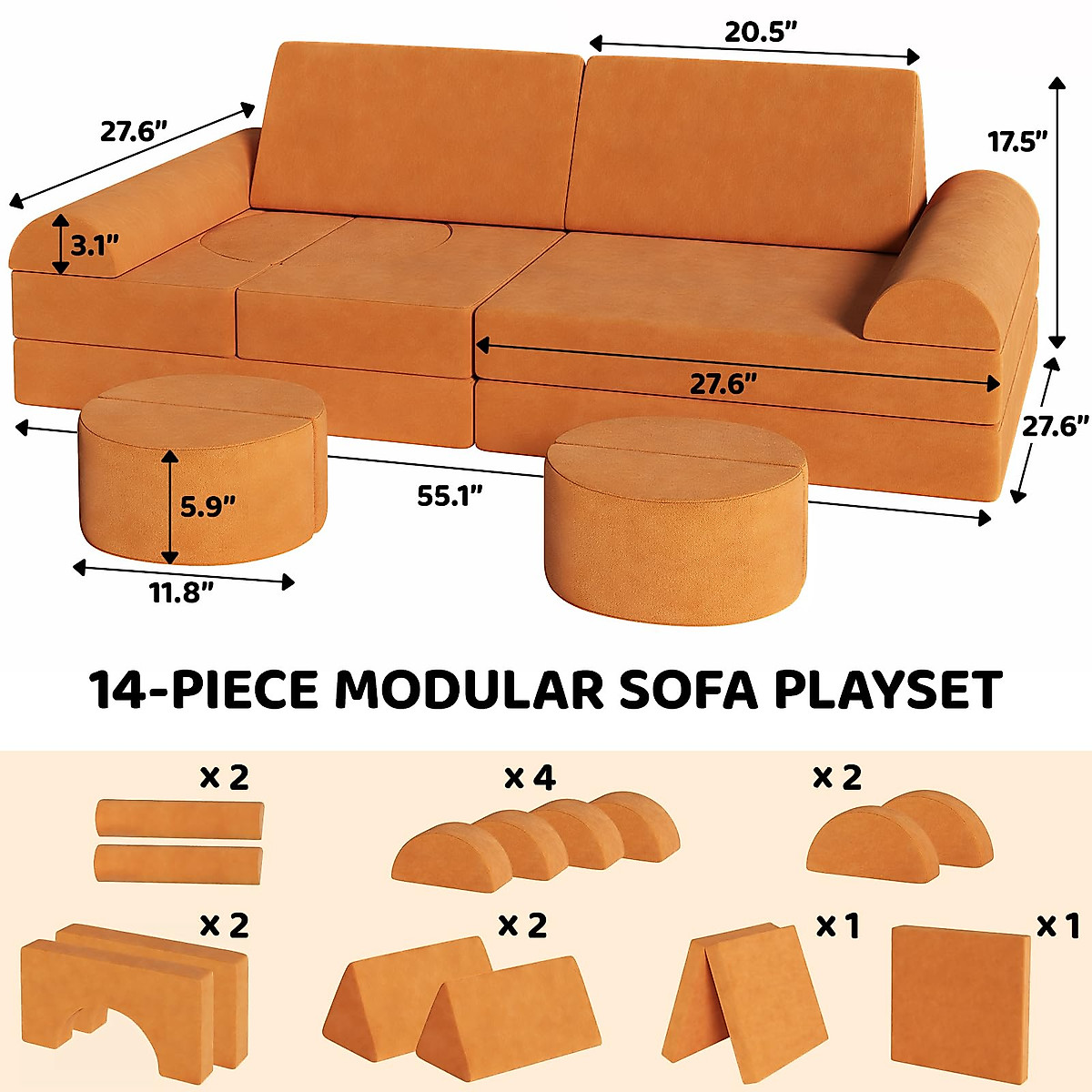 MAMIZO Kids Couch, Modular Kids Play Couch, 14pcs Large Toddler Sectional Sofa, Child Building Fort Creative Playroom Bedroom, Convertible Foam Floor Cushion for Boys Girls (Orange)