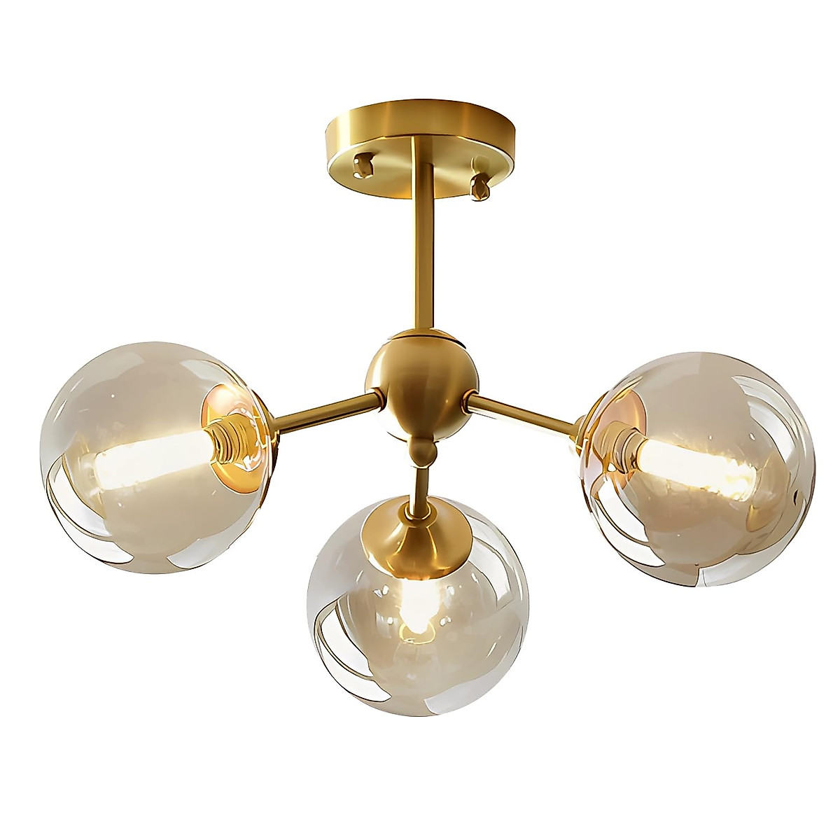 KCO Lighting Glass Globe Sputnik Chandelier 3-Light Brass Gold Close to Ceiling Light Mid Century Flush Mount Ceiling Light for Kitchen Island Bedroom Bathroom (3-Lights)