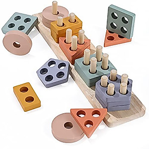 WTUST Montessori Toys for 1 2 3 Years Old Boys Girls,Toddler Learning Educational Wooden Sorting & Stacking Toys,Shape Sorter Color Stacker Toy Preschool Kid Puzzles Gifts 1-3