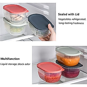 Food Storage Container with Colander Layer, Refrigerator Fresh-keeping Container Bowl Multifunctional Vegetable Fruit Liquid Storage Container Sealed with Lids Kitchen Essentials, 18 oz (Red)