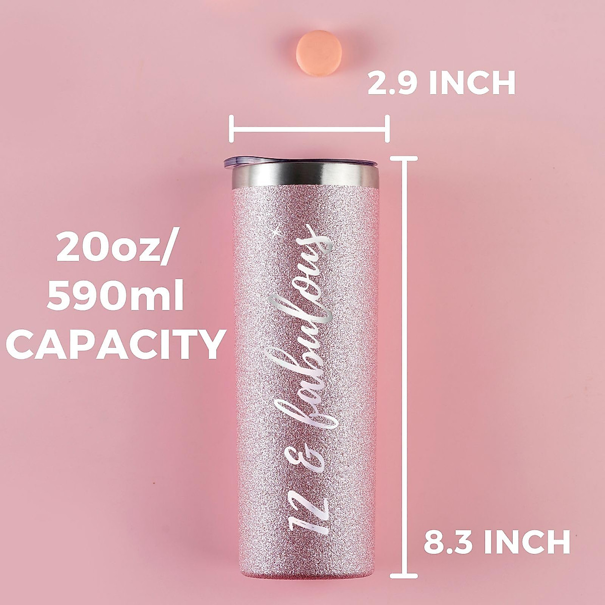 Onebttl Birthday Gifts for 12 Year Old Girl -12 & Fabulous - Tween Girl Gifts, Unique Design 20oz Skinny Tumbler, Novelty 12th Birthday Gifts for Girls, Card & Package Included - Pink