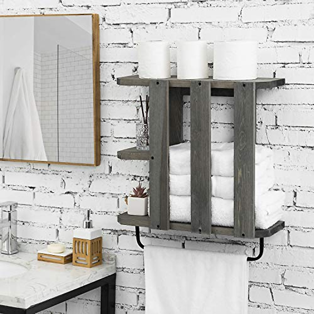 MyGift Wall Mounted Vintage Gray Wood Bathroom Folded Towel Storage Organizer and Towel Rack with Display Shelves and Industrial Metal Pipe Hanging Bar