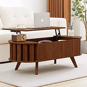 Wood Lift Top Coffee Table with Hidden Storage, 47.24" Oval Lift Table Top Curved Profile Design Low Tea Table for Living Room, Office(Walnut)