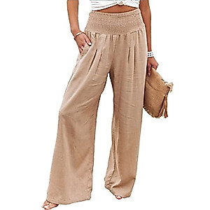 Mingzhu Women's Cotton Linen Loose Fit Palazzo Pants Casual High Waist Stretchy Wide-Leg Trousers with Pockets (0546-Khaki-L)