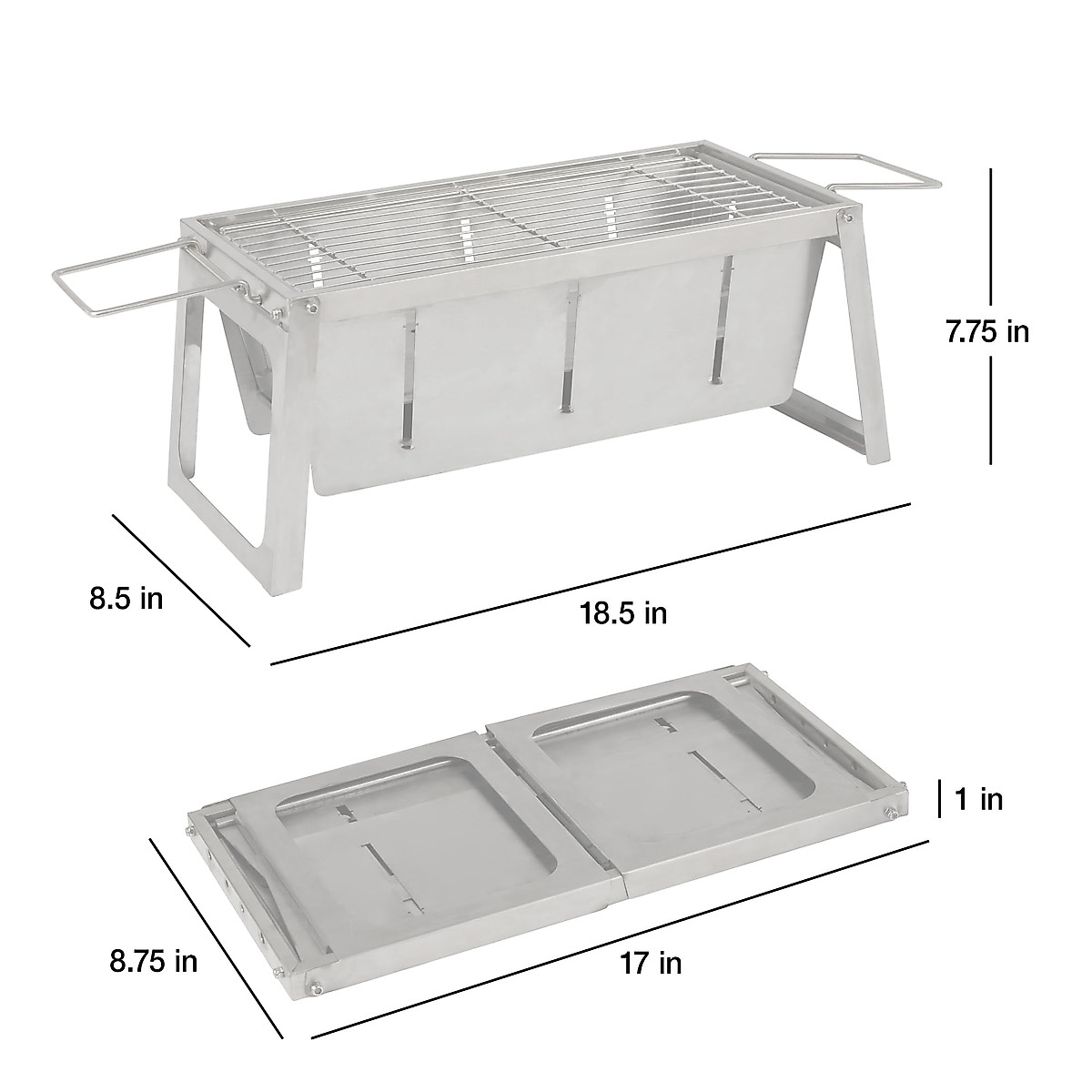 Aspect Living 64966 Portable Stainless Steel Charcoal Grill - Foldaway Design for Outdoor BBQs, Camping, Tailgating & Travel - Durable Construction with Charcoal Grate & Carry Bag Included.