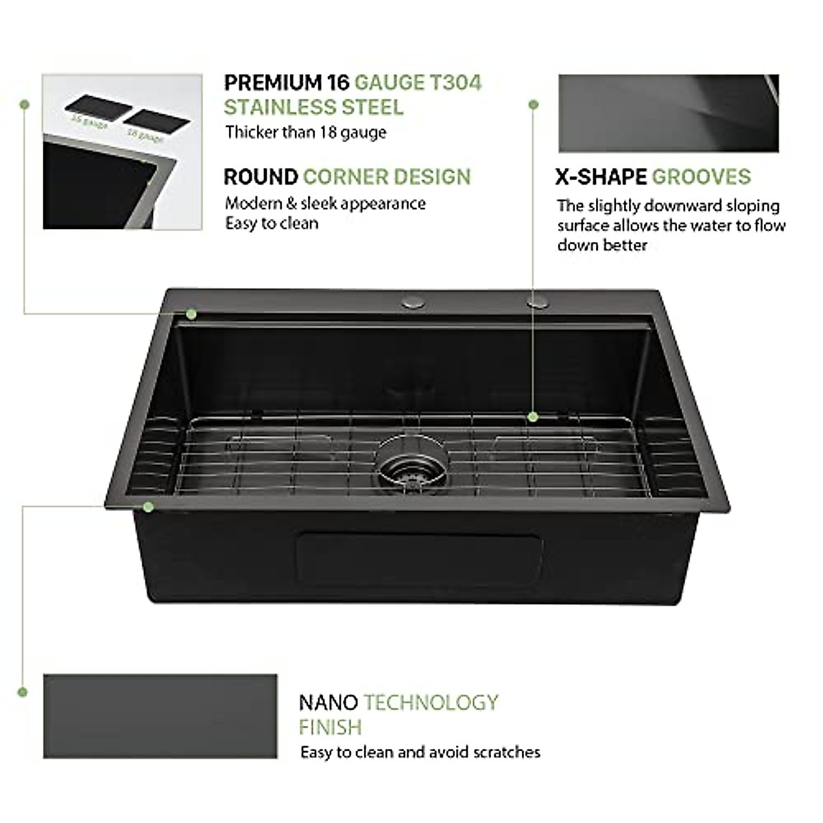 Beslend 28 Black Drop In Workstation Kitchen Sink - 28"x22"x10" Gunmetal Black Stainless Steel Topmount 16 Gauge 10 Inch Deep Sink