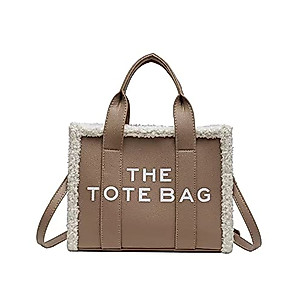 NEGBIU Tote Bag for Women, PU Leather Tote Bag with Lamb Wool, Crossbody Handbag for Travel/Work（11 * 8.26 * 4.3in