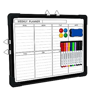 Weekly White Board, Small Dry Erase Board 16"X12", Double-Sided Magnetic Calendar Whiteboard Planner, Portable Dry Erase Calendar for Wall and Desktop with Fine Tip Markers, Magnets, Eraser (Black)