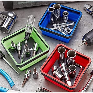 Magnetic Tool Foldable Tray - 4 Pack Silicone Collapsible tray Set for Small Parts and Tools - Square Magnetic tool holder for Organizing Screw Bolts Nuts Washers Pins Sockets - Magnetic storage