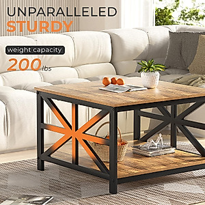 GreenForest Coffee Table with Storage, 27.6 inch Square Coffee Table, Seamless One-Piece Tabletop Design, Small Coffee Tables for Living Room, Farmhouse Sofa Table, Rustic Center Table, Walnut