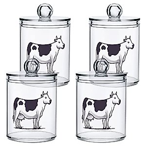 JUAMA Dairy Cow 4-Pack Canister Set with Lid, Apothecary Jars for Bathroom Clear Plastic Storage Organization for Cotton Swab/Ball/Pads Dental Floss, Multicolor