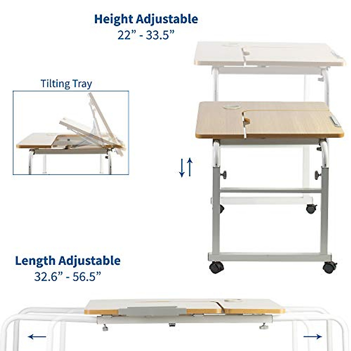 VIVO Height and Length Adjustable Mobile Desk for Kids and Adults, Tilting Table Top, Rolling Interactive Ergonomic Workstation on Wheels, DESK-V202A