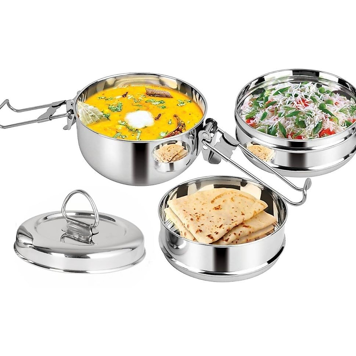 WG inc Stainless steel Lunch Box For Kids & Adults Traditional Indian Tiffin Bento Three Compartment Food Storage Container - Best for Work/School/Office/Camping- Dishwasher safe (3 Tier)