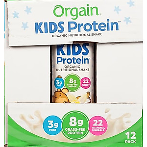 Orgain Organic Kids Nutritional Protein Shake, Vanilla - Kids Snacks with 8g Dairy Protein, 22 Vitamins & Minerals, Fruits & Vegetables, Gluten Free, Soy Free, Non GMO, 8.25 Fl Oz (Pack of 12)