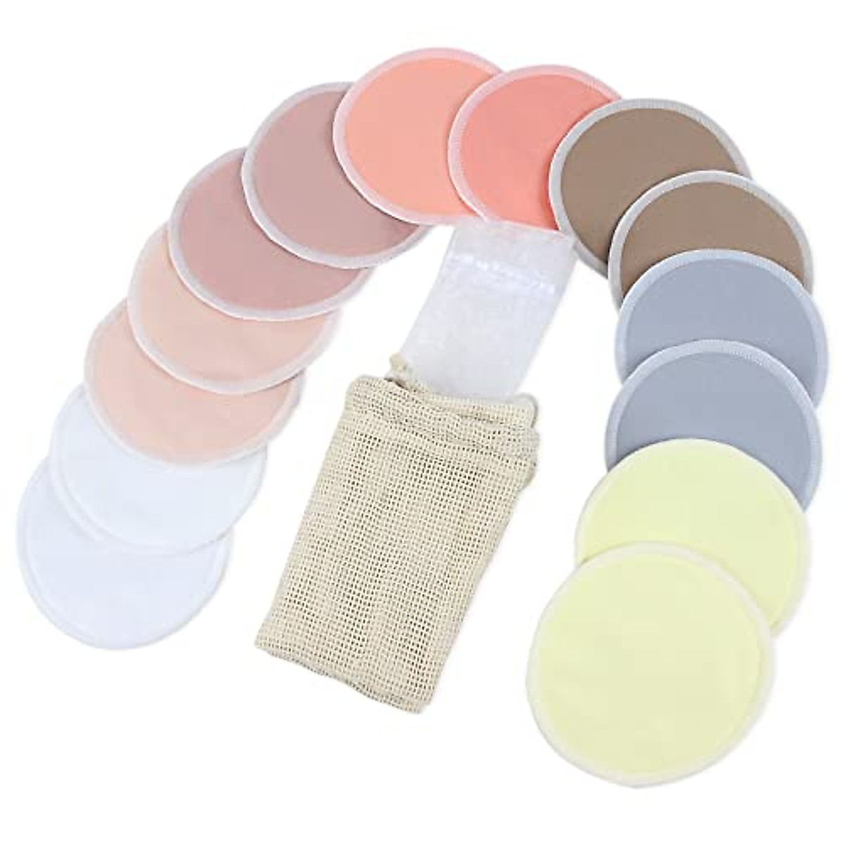 Langsprit Leak-Proof Reusable Bamboo Nursing Pads(14 Pack),Super Absorbent Washable Breast Pads with Laundry Bag (Morandi, Round)