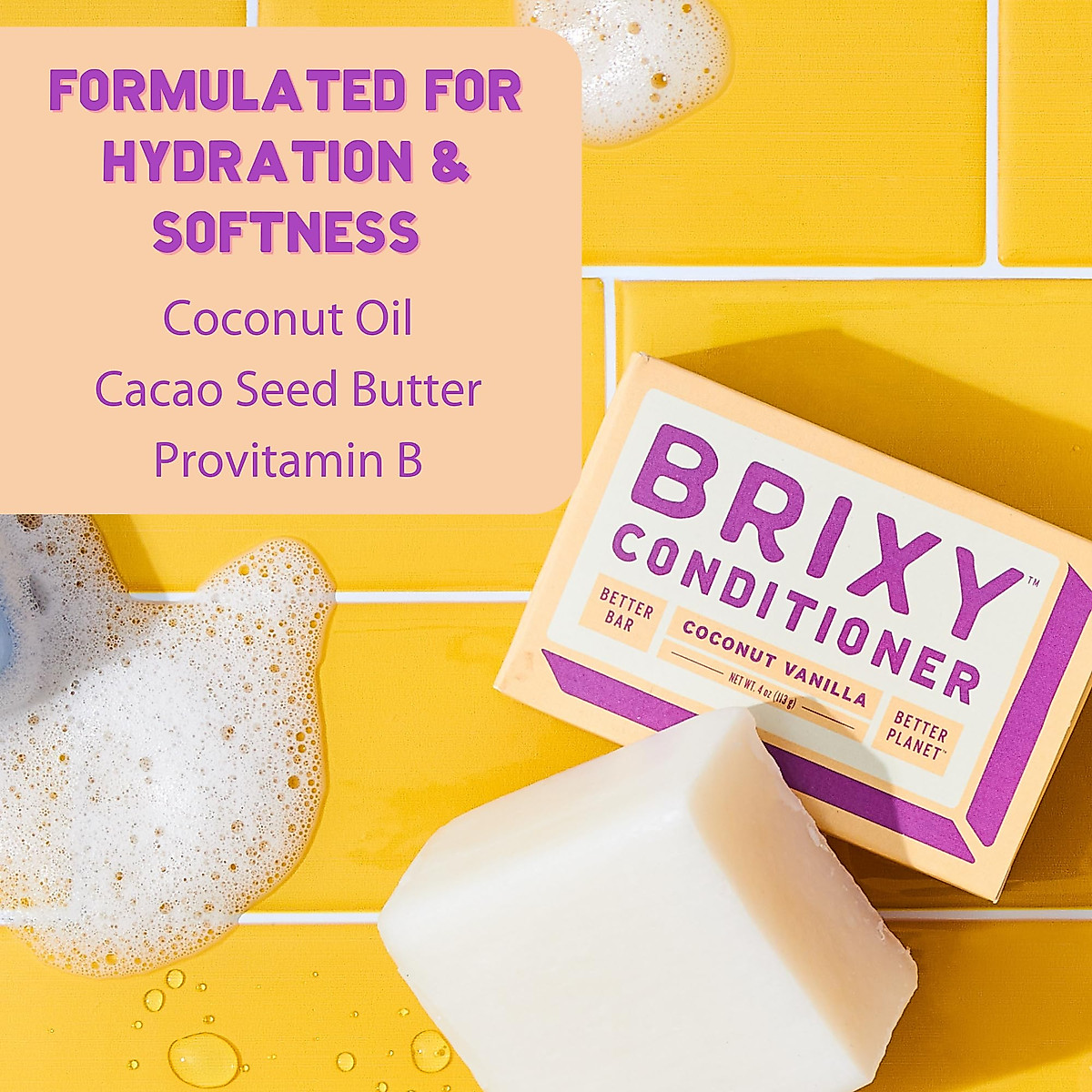 BRIXY Conditioner Bar for Hydration & Softness, All Hair Types, pH Balanced & Safe for Color Treated Hair, Vegan & Plastic-Free (1 Count, 4 oz) - Coconut Vanilla