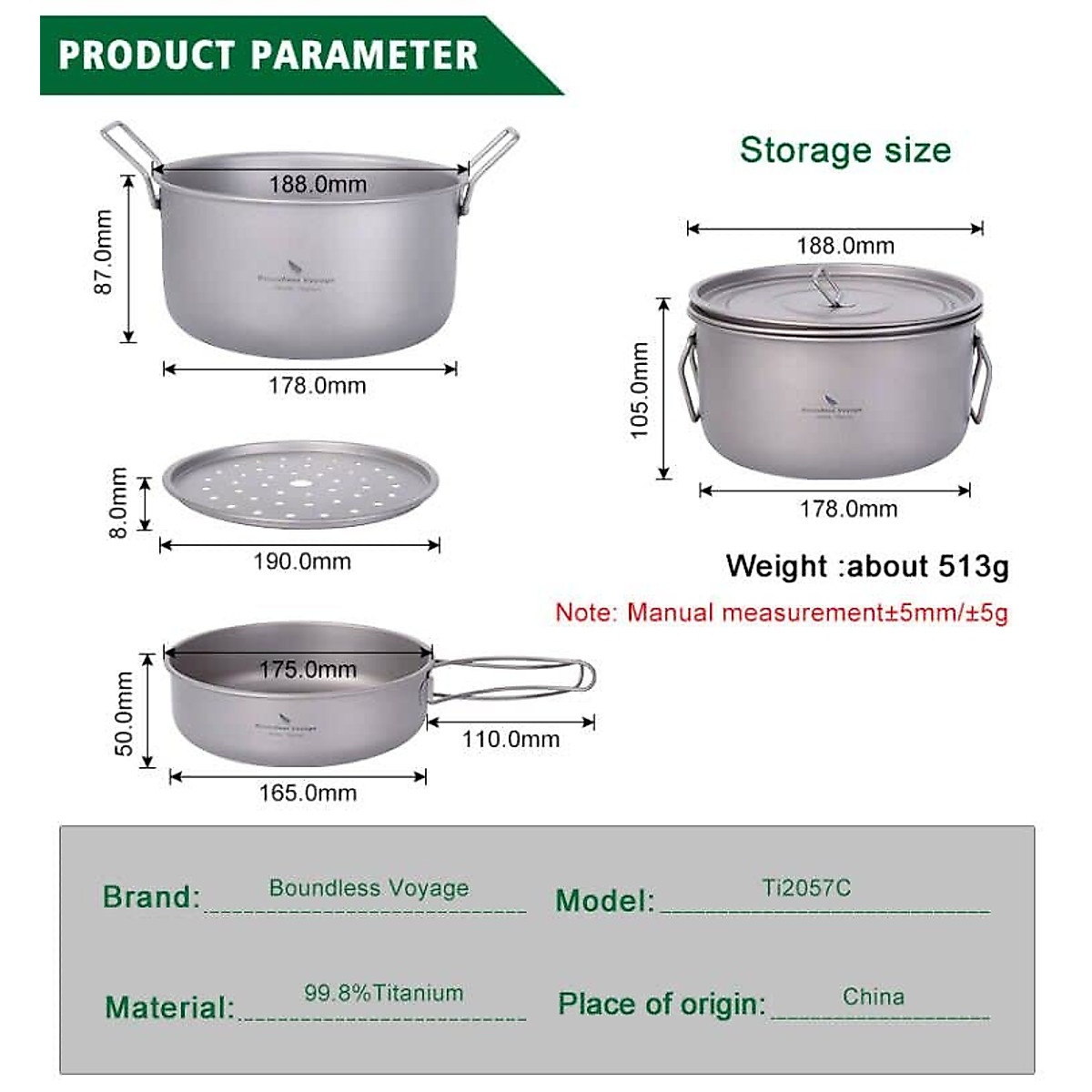 Boundless Voyage Titanium 1900mL Pot and 900mL Fry Pan Set with Steaming Rack and Lid Multifunctional Steamer Stockpot Outdoor Cooking Ultra Light Camping Cookware