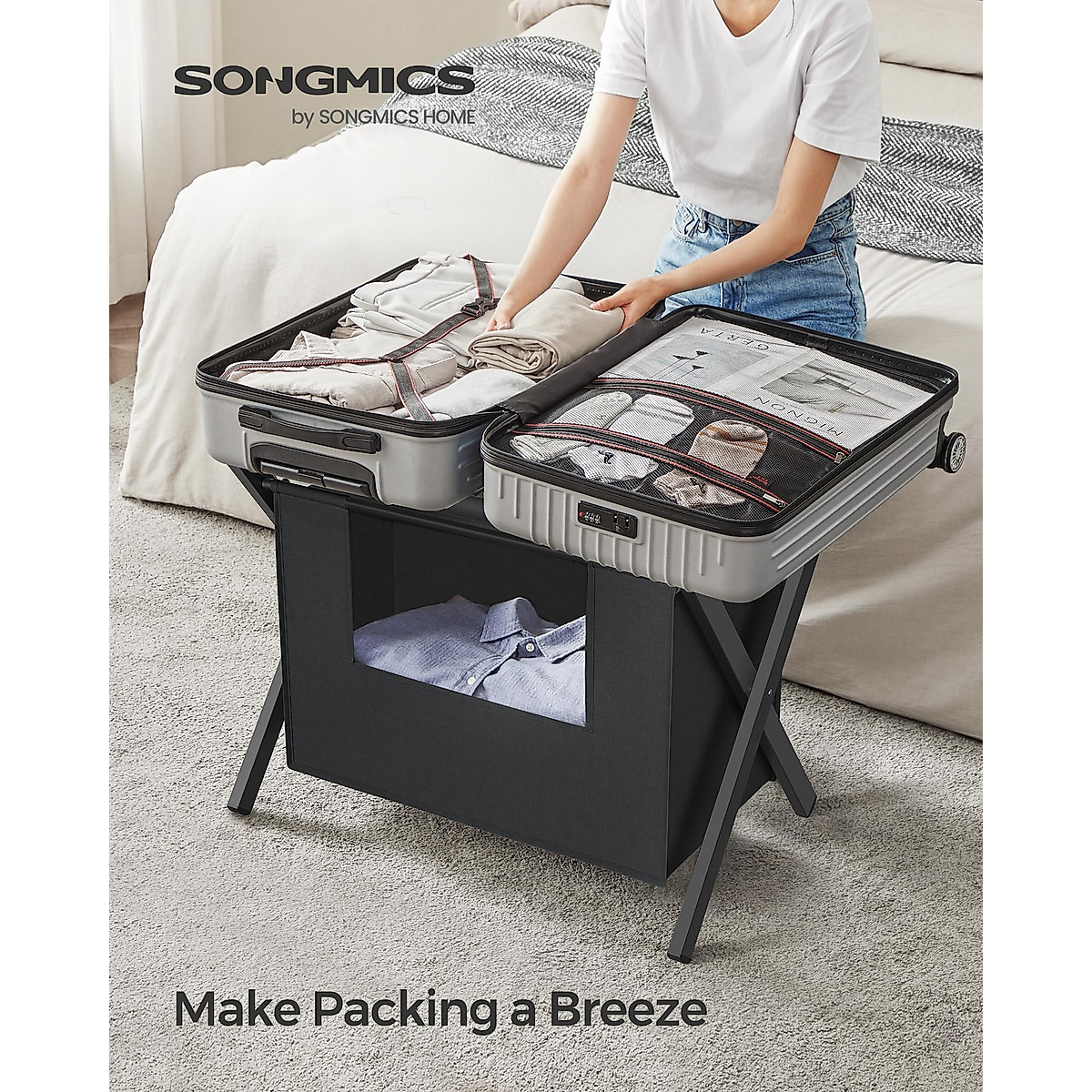 SONGMICS 2 Pack Luggage Rack with Removable Laundry Bag, Set of 2 Suitcase Stands for Guest Room, Foldable for Space-Saving Storage, Steel Frame, Hotel, Bedroom, Black URLR005B02